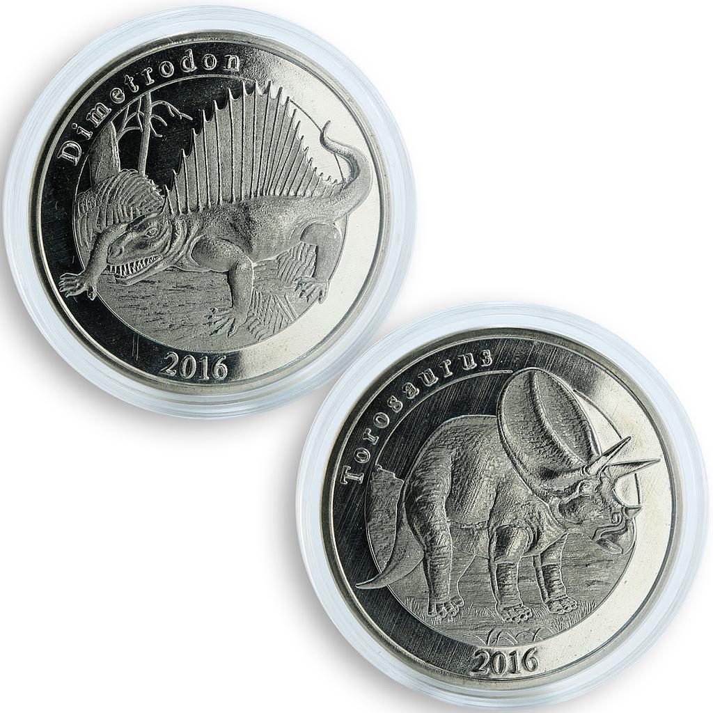 France Mayotte 1 franc set of 2 coins Dinosaurs Dimetrodon Torosaurus ...