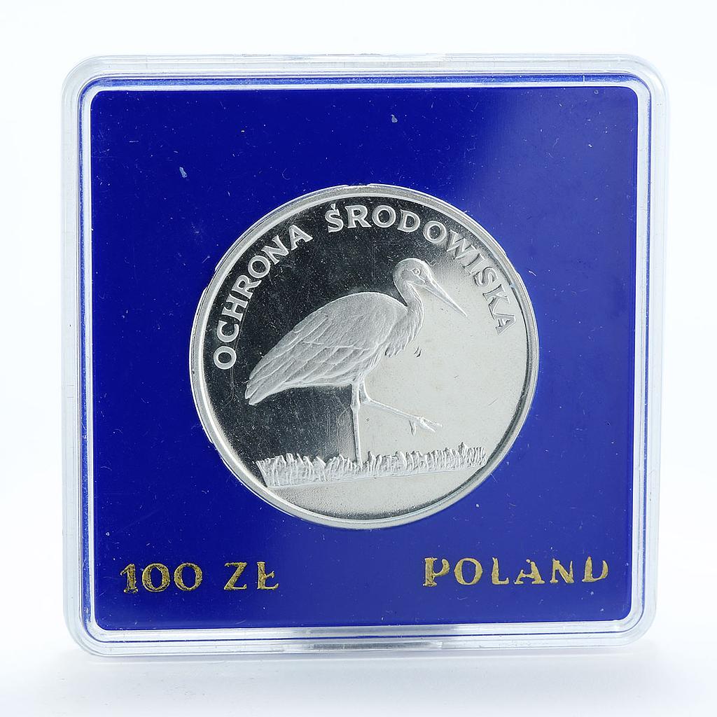 Poland 100 PLN Protection of environment White stork silver coin 1982 ...