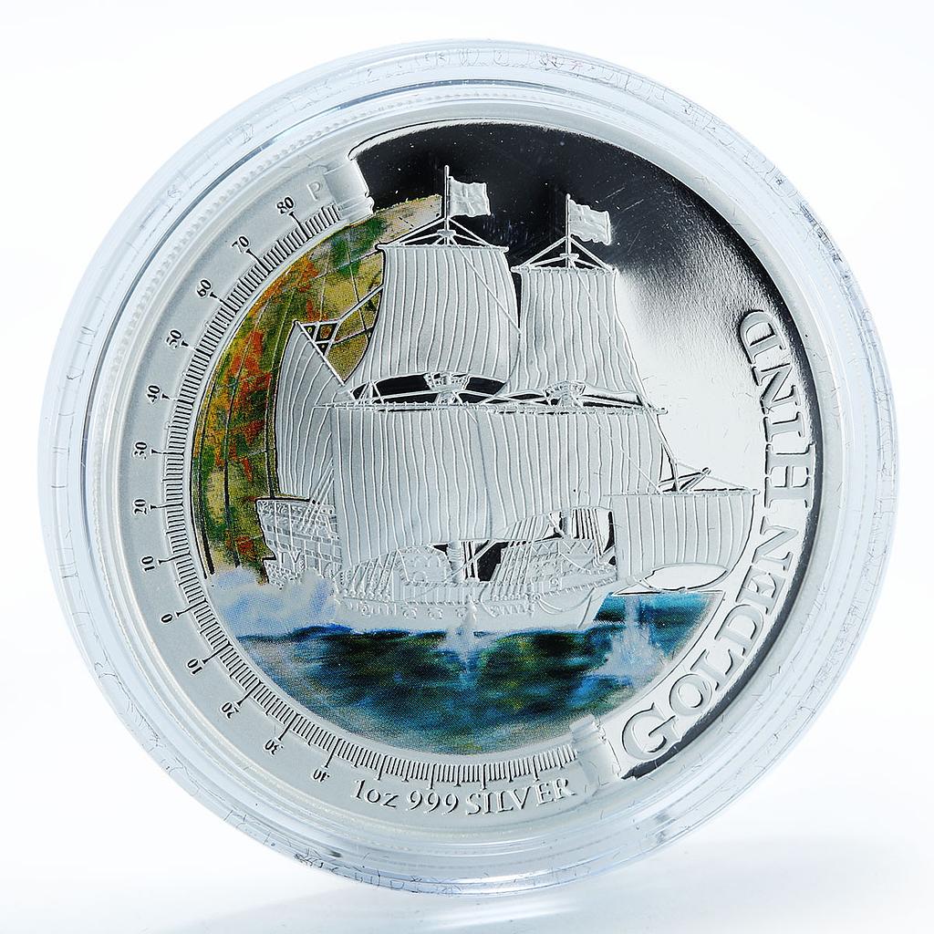Tuvalu 1 Dollar Ship Golden Hind silver proof colorized coin 2011 ...