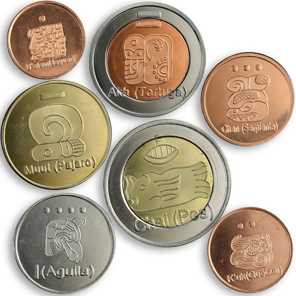 Maya set of 7 coins Ancient Hieroglyph Scripts Indian 2012 | Coinsberg