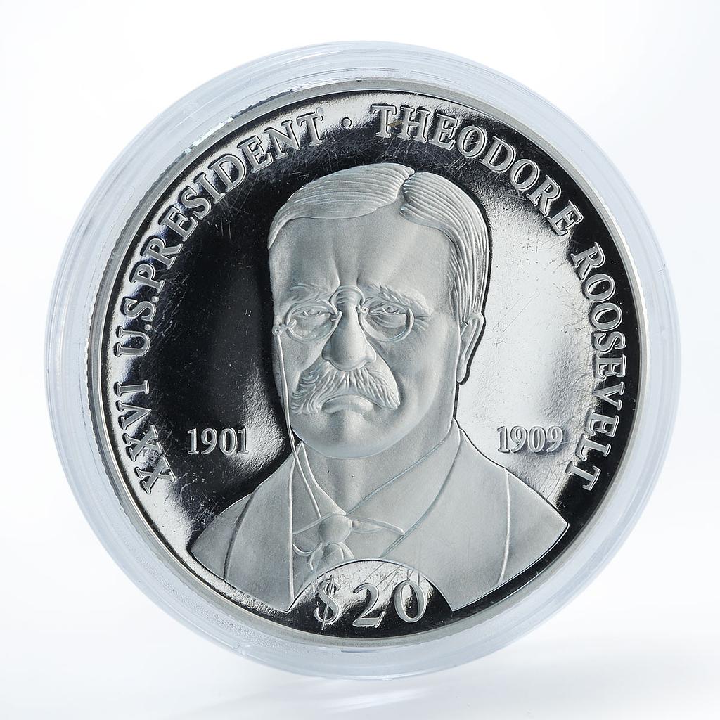 Liberia 20 dollars 26th US President Theodore Roosevelt proof silver ...