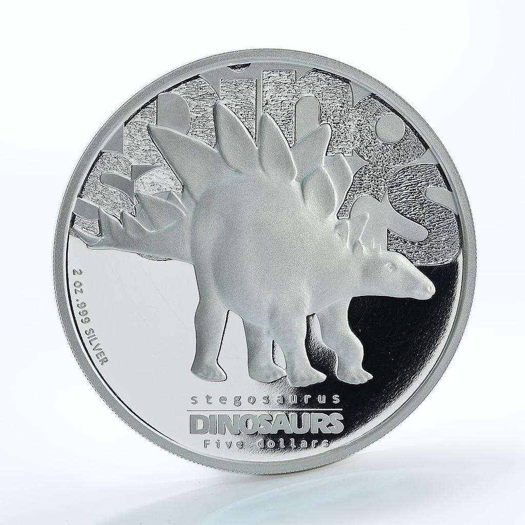 Tuvalu 5 dollars Prehistoric Animals Stegosaurus Dinosaur Fauna silver ...