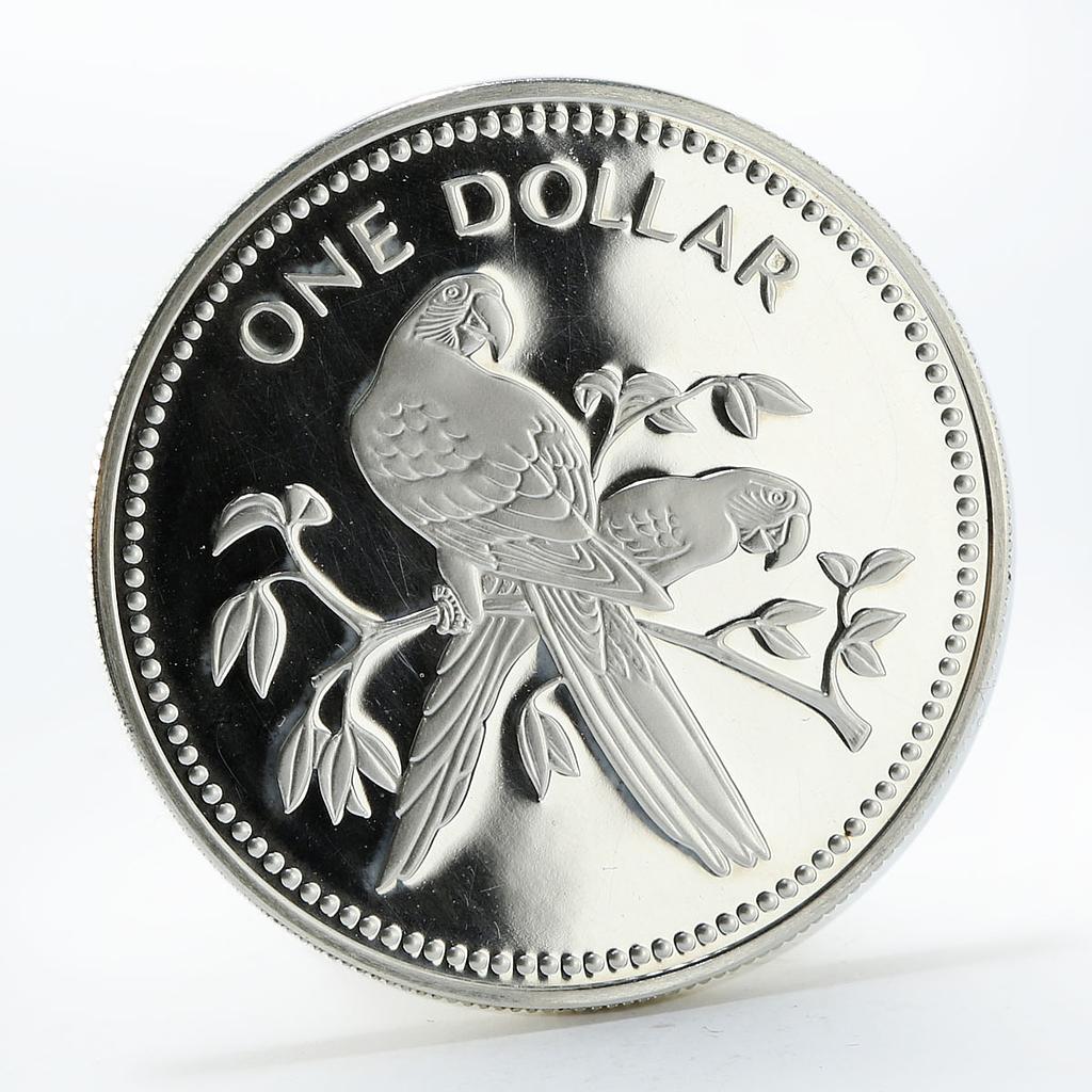 Belize 1 dollar Scarlet Macaw bird silver coin 1975 | Coinsberg