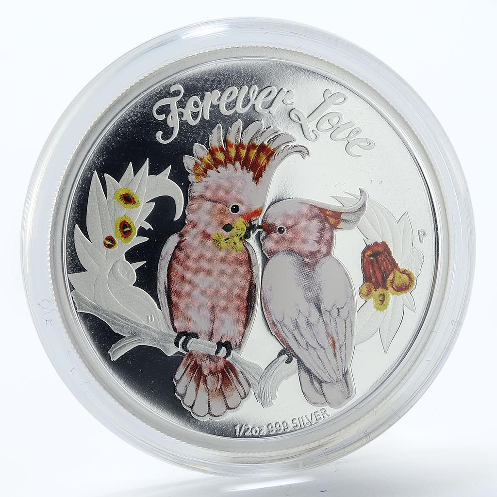 Tuvalu 50 cents Forever Love parrots сolorized silver coin 2014 | Coinsberg