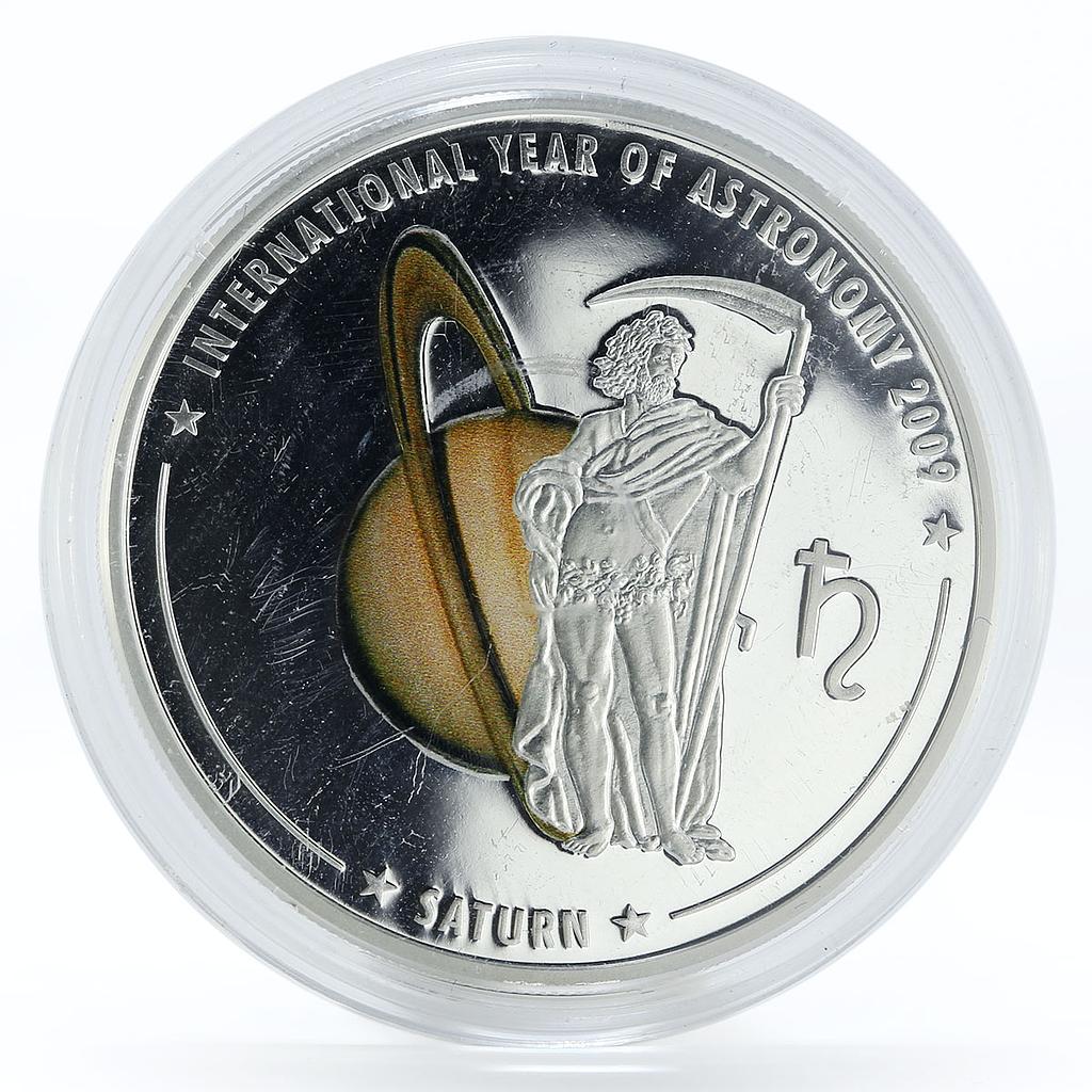 Cook Islands 5 dollars Astronomy Saturn colored proof silver coin 2009 ...