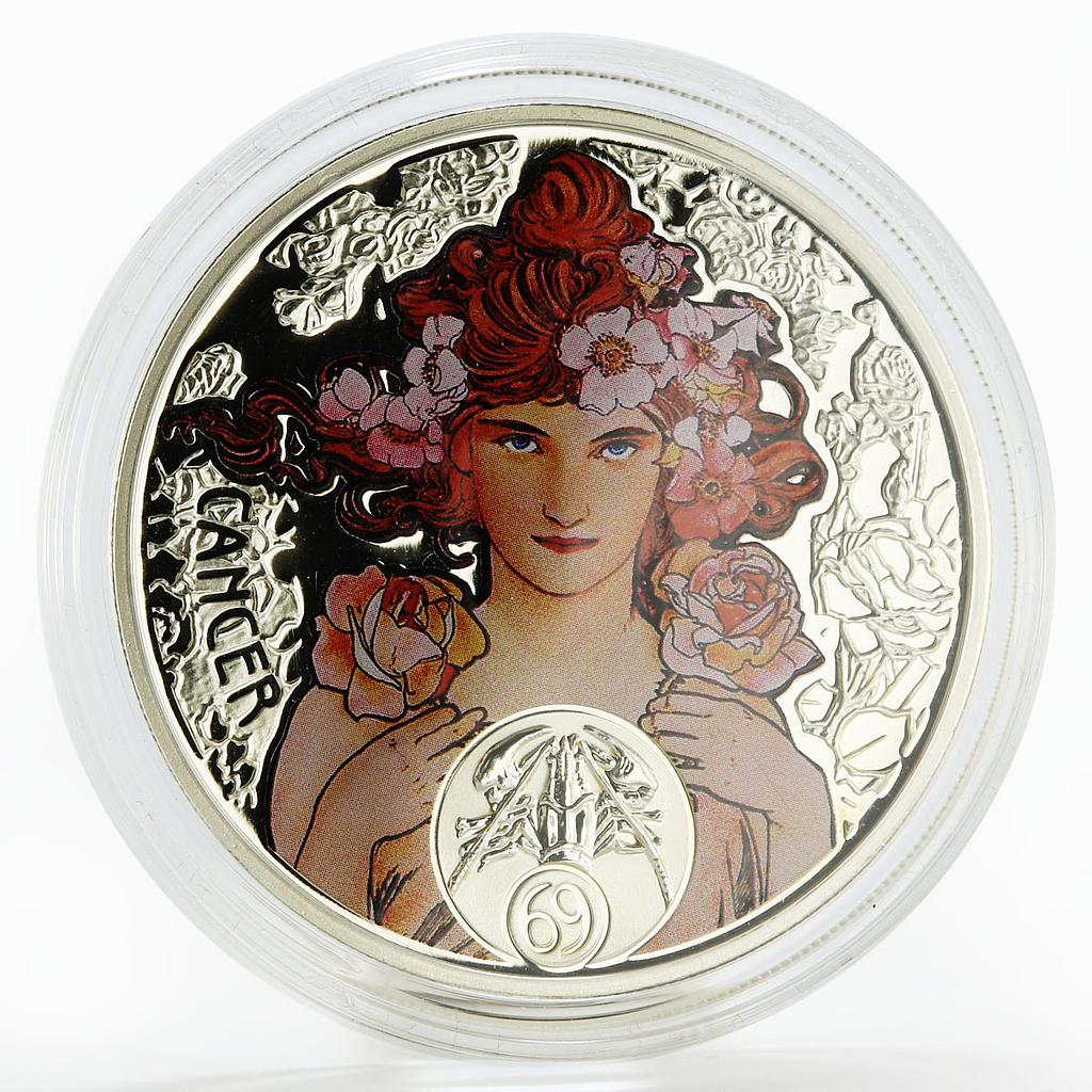 Niue 1 dollar Alphonse Mucha Zodiac series Cancer colored silver coin ...