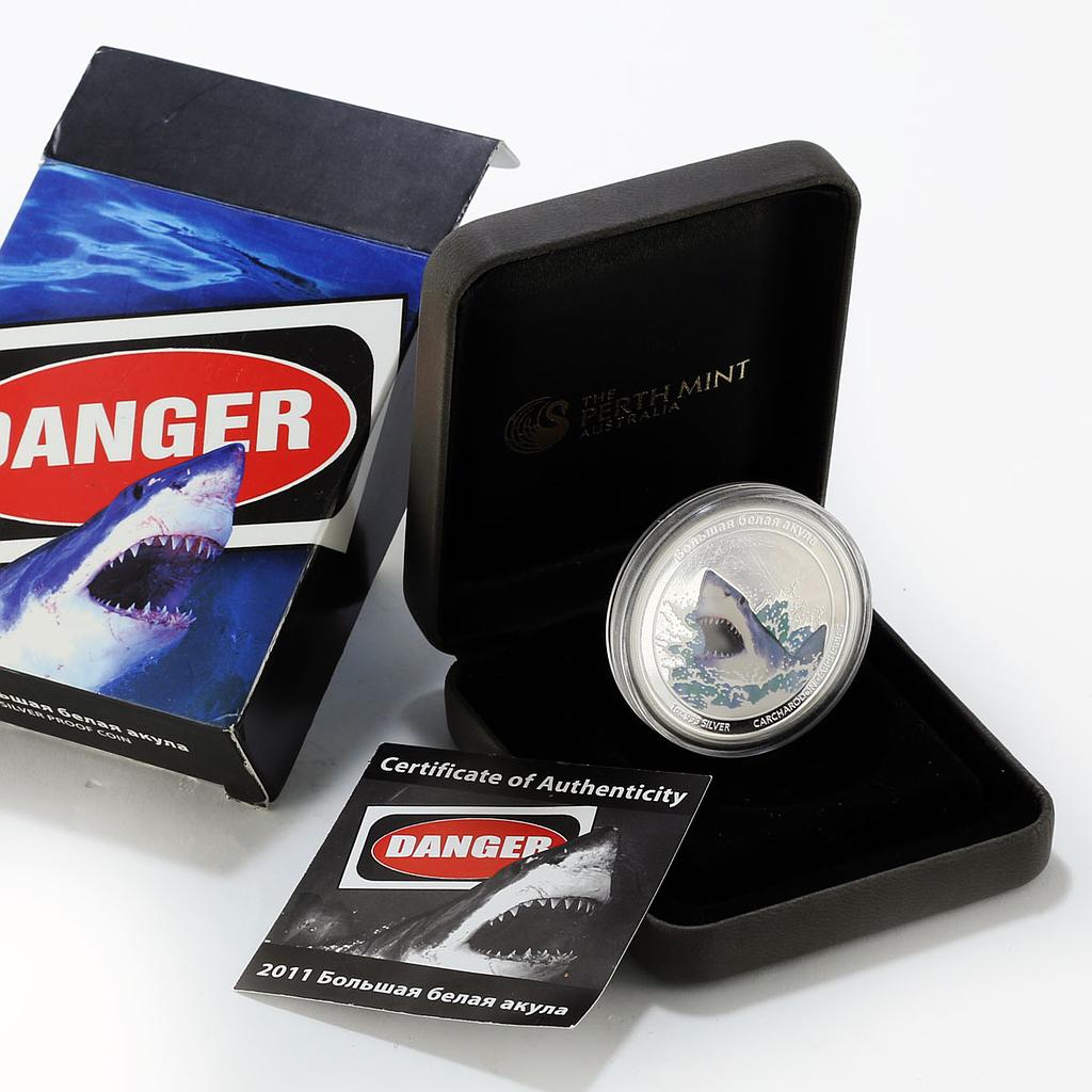 Tuvalu 1 dollar Great white shark colored proof silver coin 2011 ...