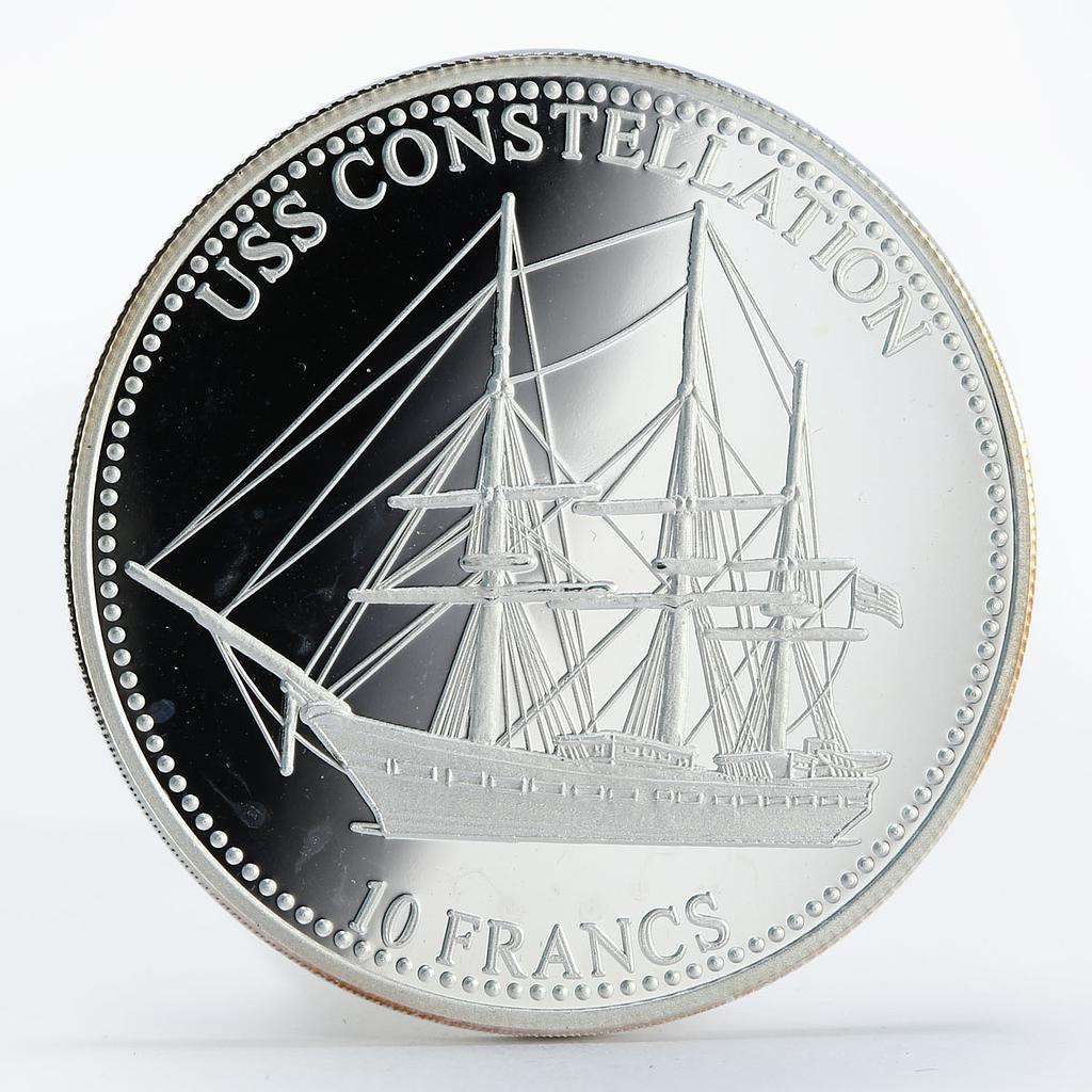 Congo 10 francs Seafaring USS Constellation Ship Clipper proof silver ...