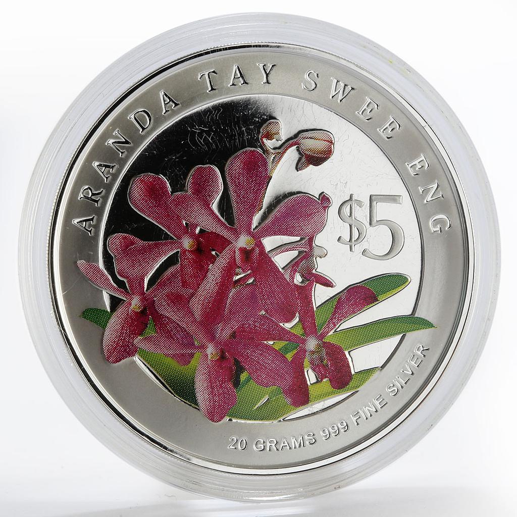 Singapore 5 dollars Flowers Aranda Tay Swee Eng colored silver proof ...