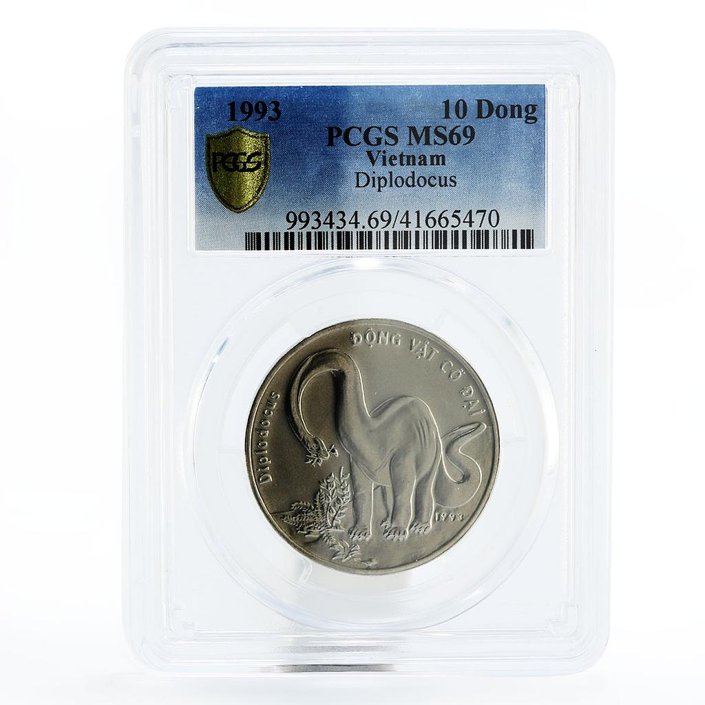 Vietnam 10 dong Dinosaur Diplodocus MS69 PCGS CuNi coin 1993 | Coinsberg