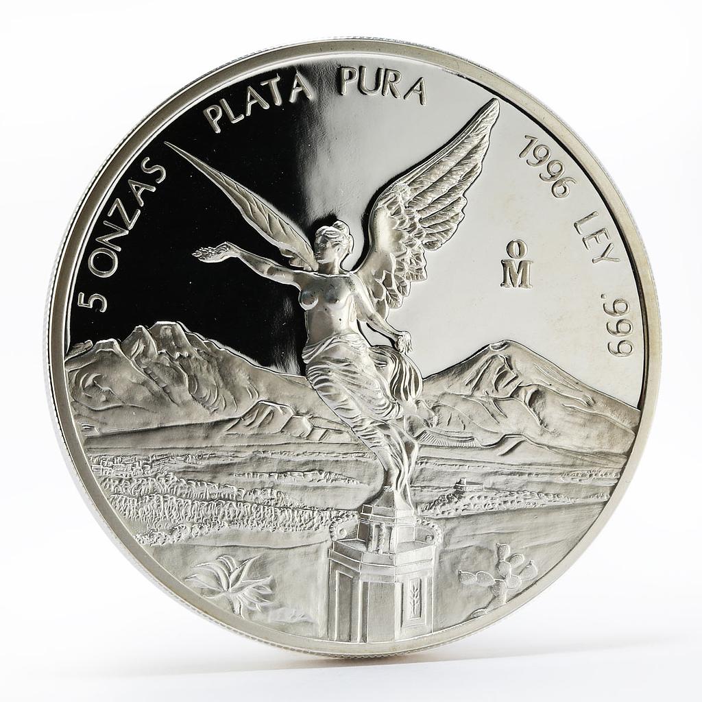 Mexico 5 oz Winged Victory Statue Volcanoes proof silver coin 1996 ...