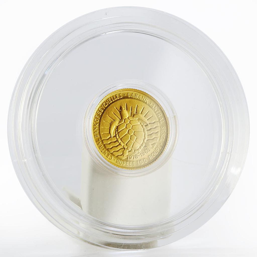 Seychelles 100 rupees 10th Anniversary of National Bank turtle gold ...