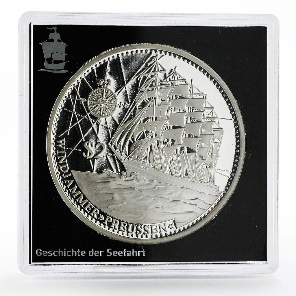 Cook Islands 2 dollars History in Ships series Preussen Ship silver ...