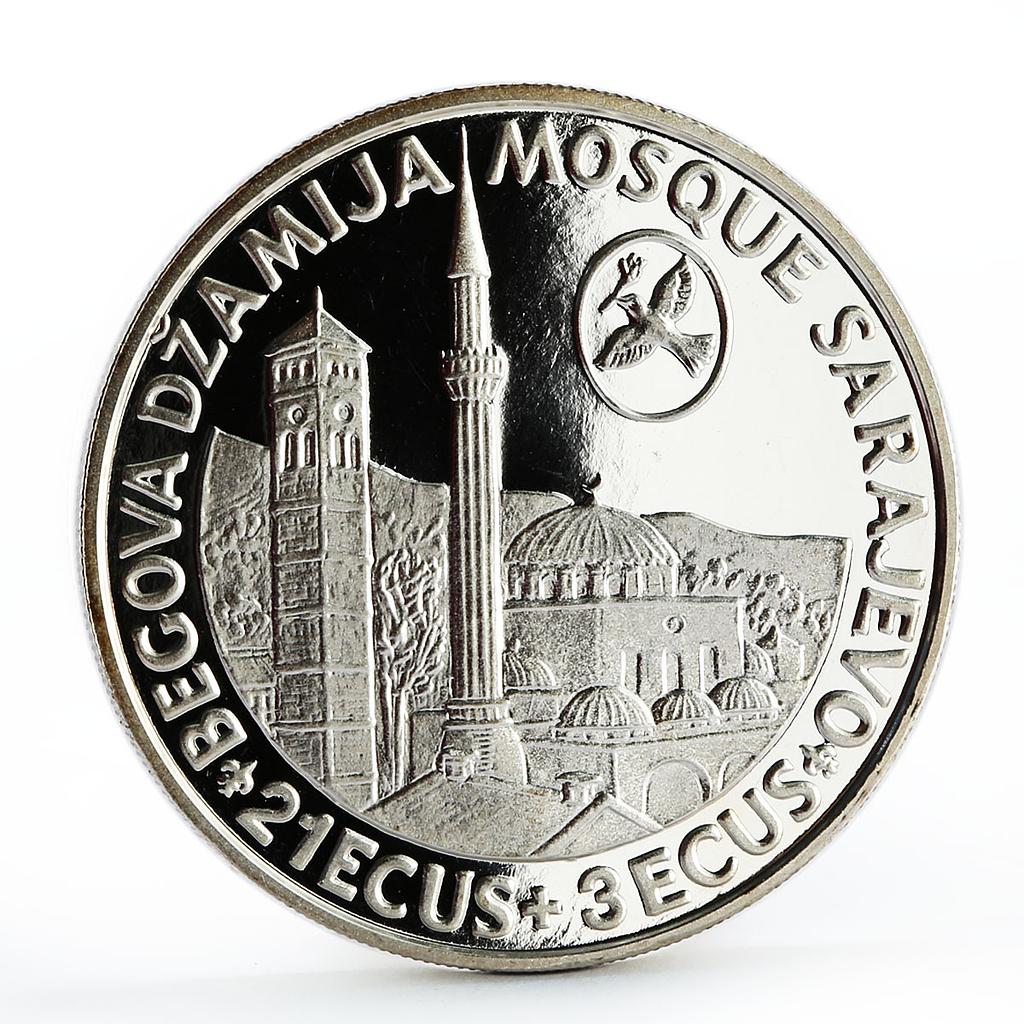 Bosnia and Herzegovina 21 + 3 ecus Sarajevo Mosque KM-86 proof silver ...
