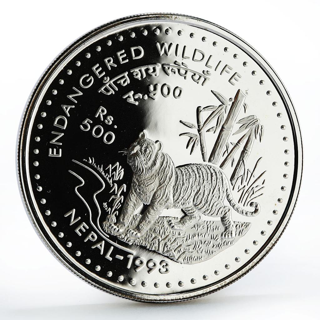 Nepal 500 rupees Endangered Wildlife Asian Tiger silver coin 1993 ...
