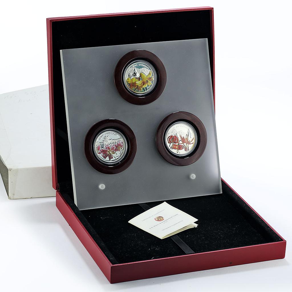 Niue set of 3 coins Magical Flowers Lillies colored proof silver coins ...