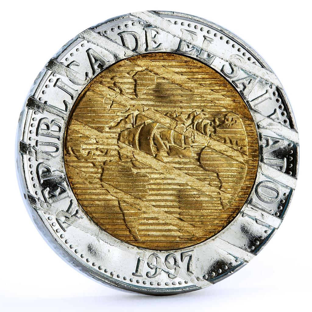 Salvador 5 colones Columbus Sailing Ships Spoiled Error NiBronze coin ...