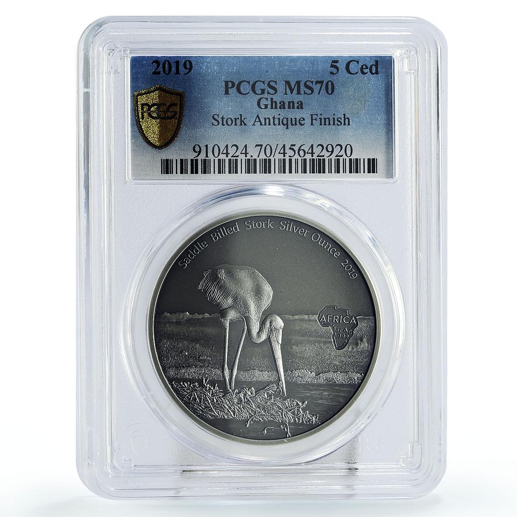 Ghana 5 cedis Endangered Wildlife Stork Bird Fauna MS70 PCGS silver ...
