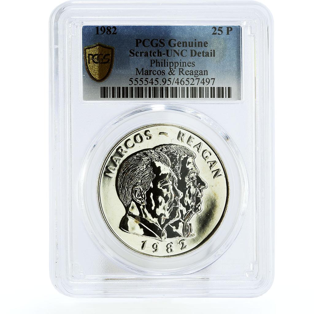 Philippines 25 piso Marcos and Reagan Meeting Genuine PCGS silver coin ...