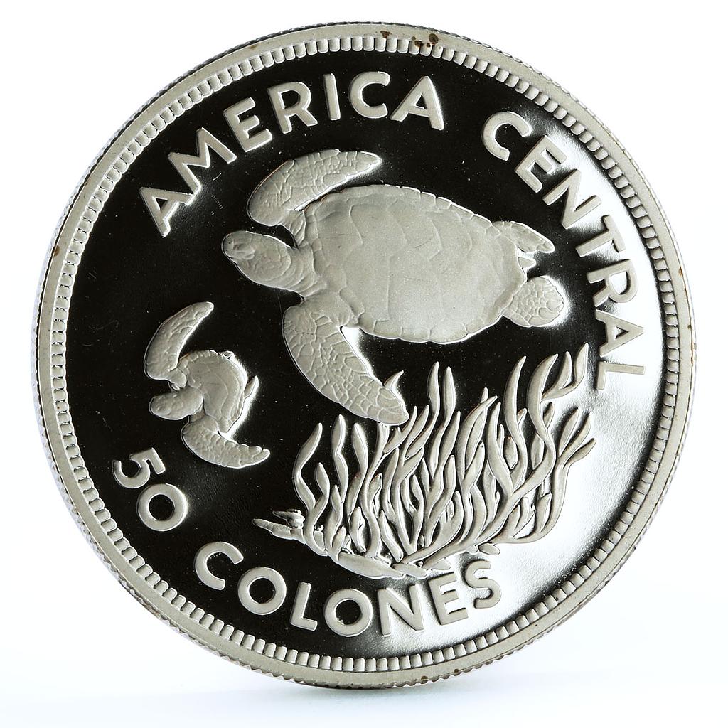 Costa Rica 50 colones Conservation of Nature Green Turtle proof silver ...