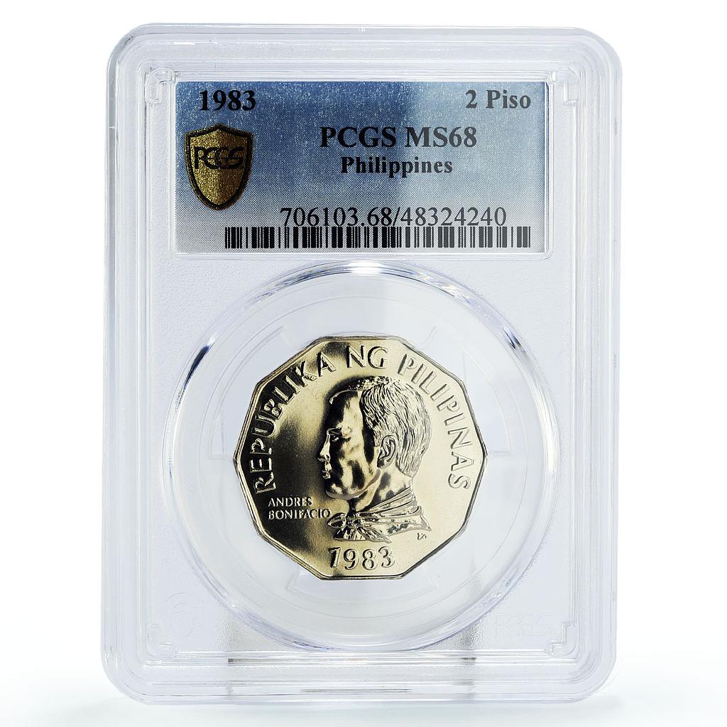 Philippines 2 piso Regular Coinage Andres Bonifacio KM244 MS68 PCGS Ni ...