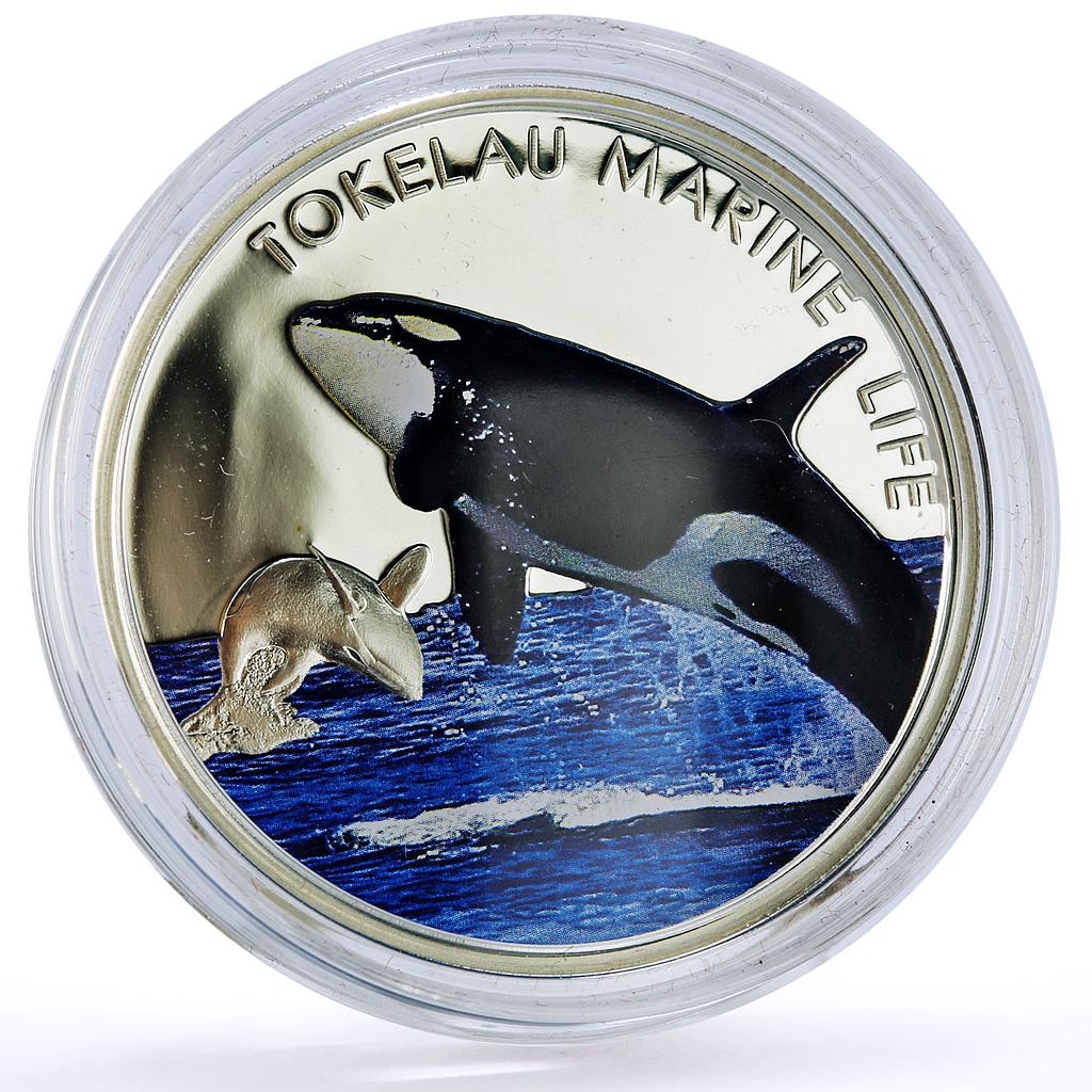 Tokelau 5 dollars Marine Life Orca Killer Whale Fauna proof silver coin ...