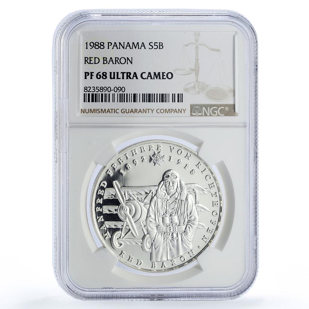 Panama 5 balboas Richthofen Red Baron Planes Aviation PF68 NGC silver ...