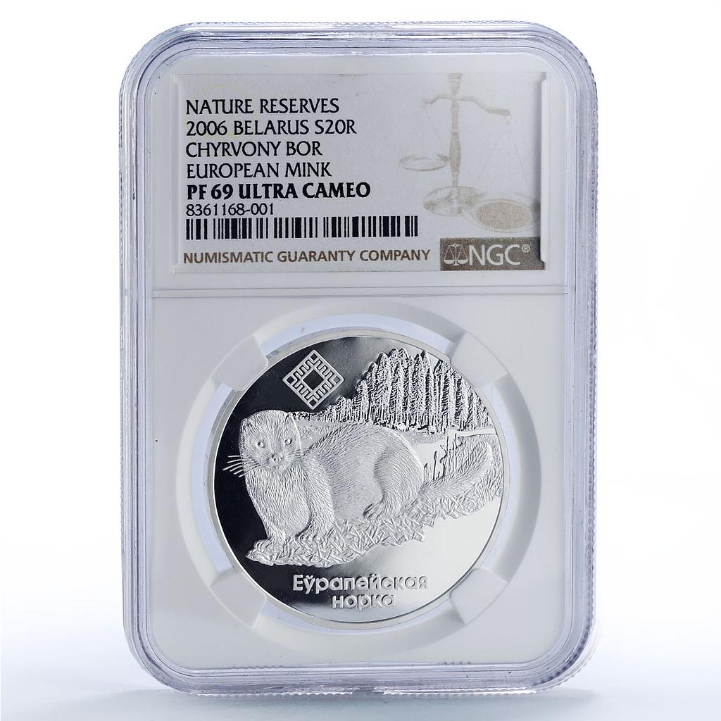 Belarus 20 roubles Chervony Bor Mink Nature Reserves Fauna PF69 NGC Ag ...