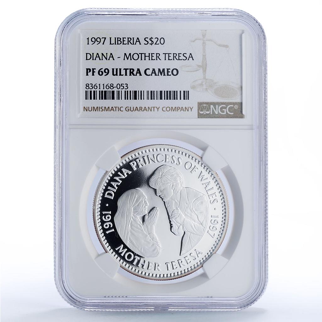 Liberia 20 dollars Princess Diana Teresa Politics PF69 NGC silver coin ...