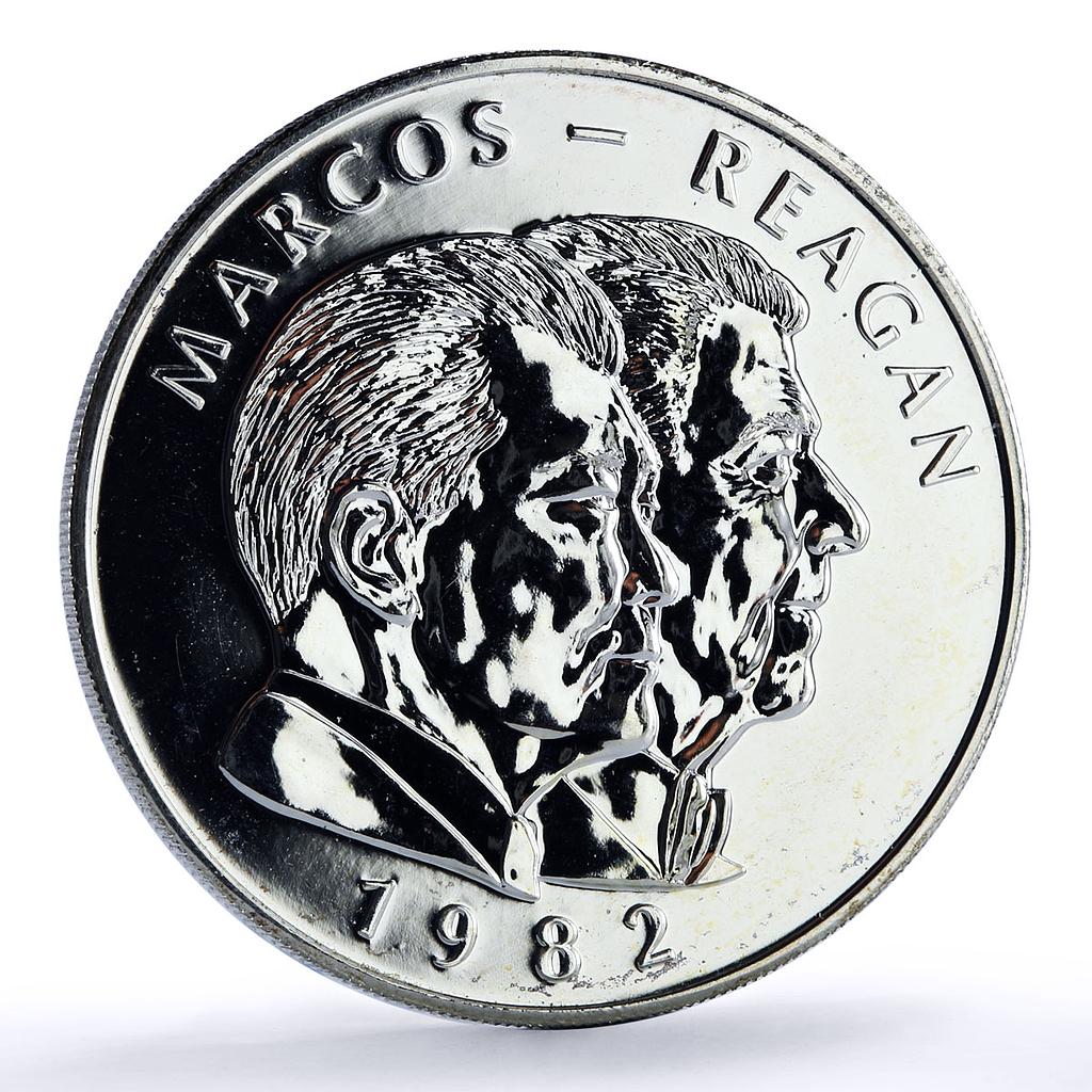 Philippines 25 piso Marcos Reagan Visit History Politics silver coin ...